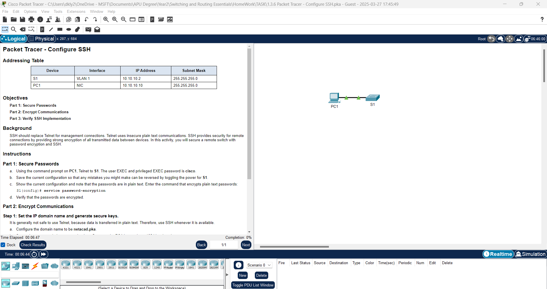 1.3.6 Packet Tracer - SSH Configuration | Secure Remote Access on a ...